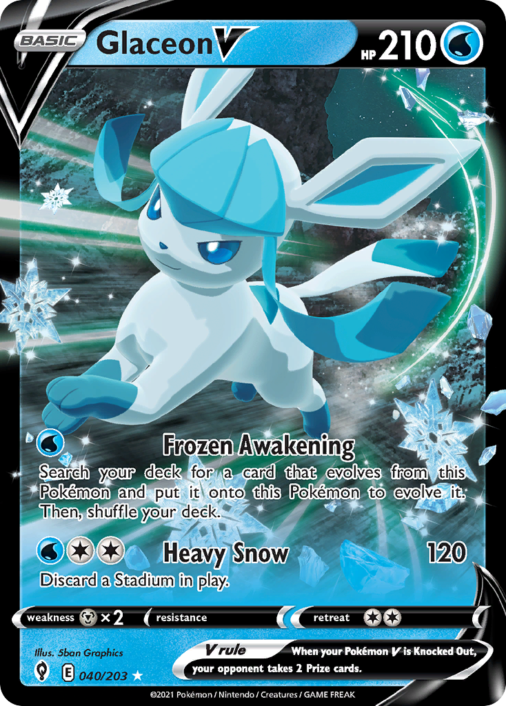 Controleer nu de waarde van je Glaceon V Pokemon kaart uit de Evolving Skies set.